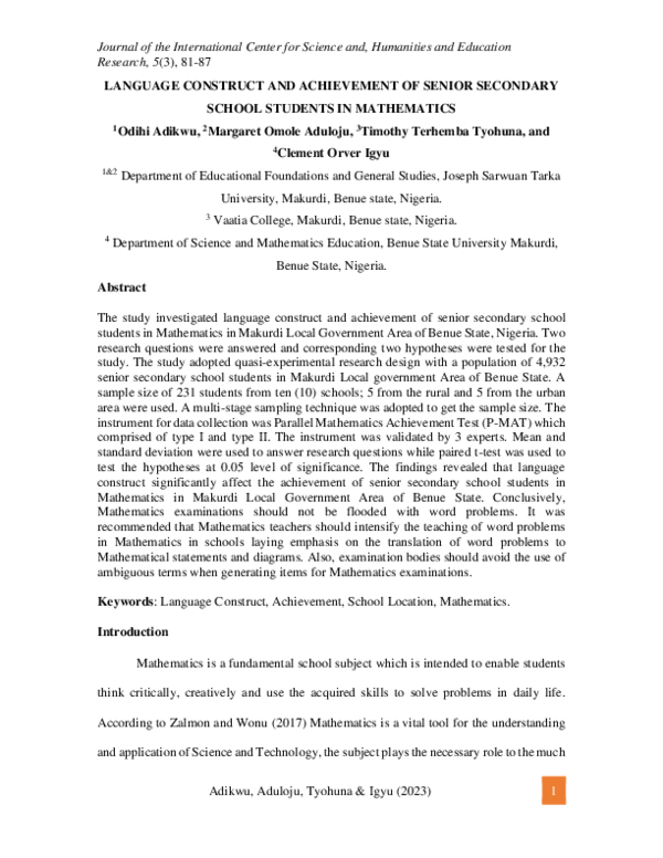 (PDF) LANGUAGE CONSTRUCT AND ACHIEVEMENT OF SENIOR SECONDARY SCHOOL STUDENTS IN MATHEMATICS
