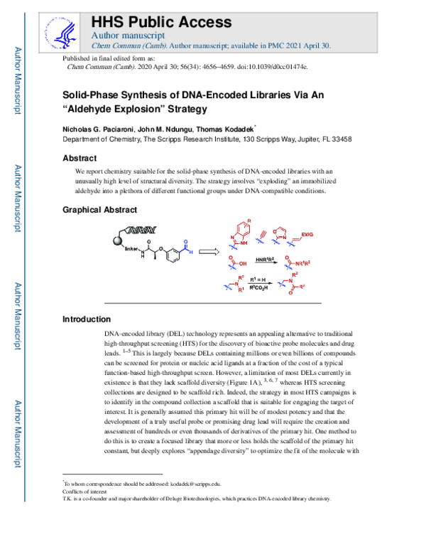 (PDF) Solid-phase synthesis of DNA-encoded libraries via an “aldehyde ...
