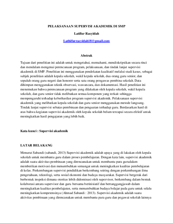 (PDF) Pelaksanaan Supervisi Akademik Pengawas Sekolah Sebagai Upaya Peningkatan Profesionalisme Guru