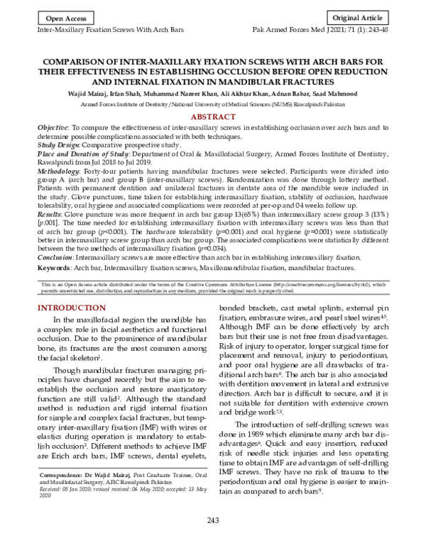 (PDF) Comparison of Inter-Maxillary Fixation Screws with Arch Bars for ...
