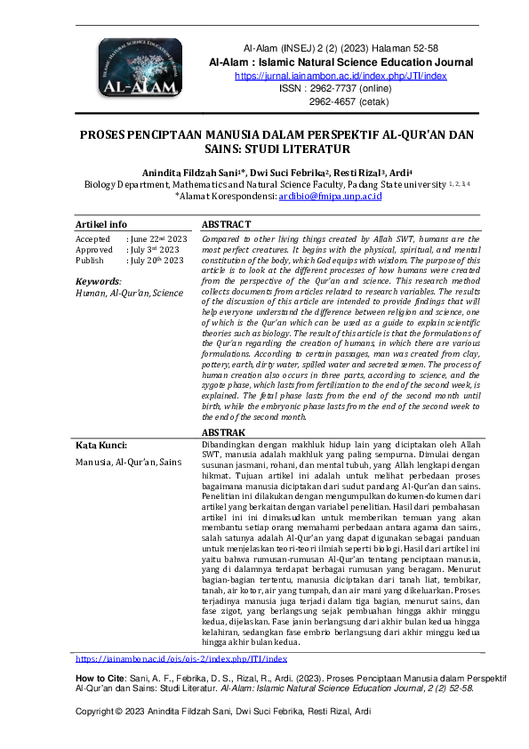 (PDF) Proses Penciptaan Manusia Dalam Perspektif Al-Qur'An Dan Sains: Studi Literatur