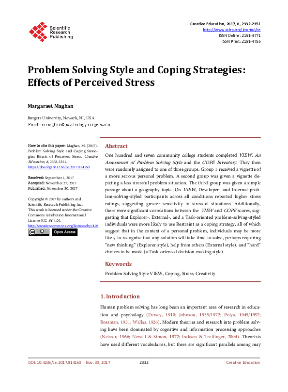 (PDF) Problem Solving Style and Coping Strategies: Effects of Perceived Stress