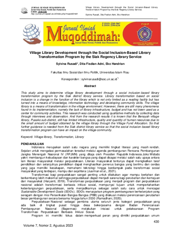 (PDF) Pembinaan Pustaka Kampung Melalui Program Transformasi Perpustakaan Berbasis Inklusi ...