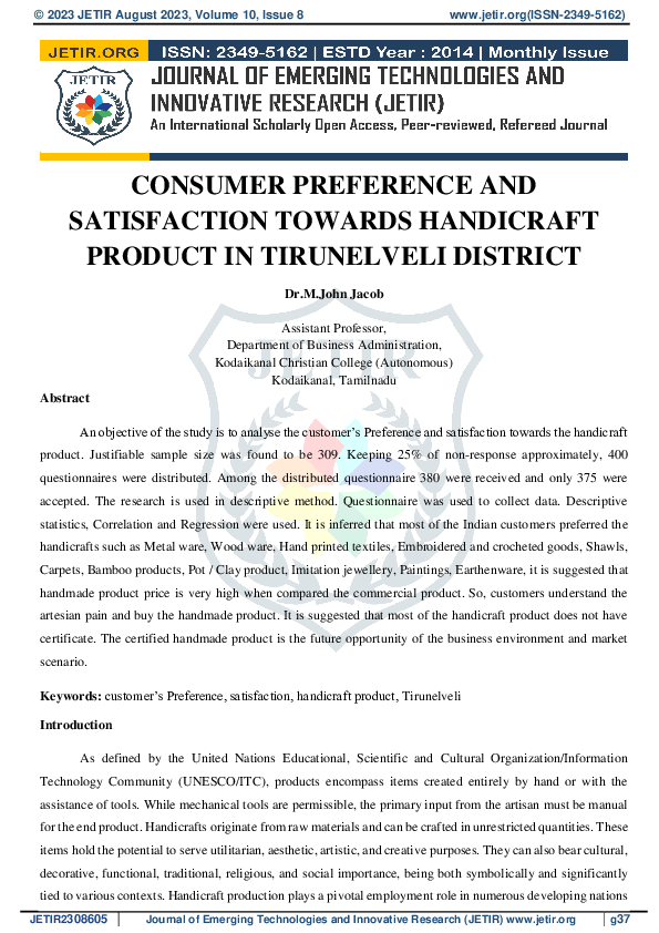 (PDF) CONSUMER PREFERENCE AND SATISFACTION TOWARDS HANDICRAFT PRODUCT ...