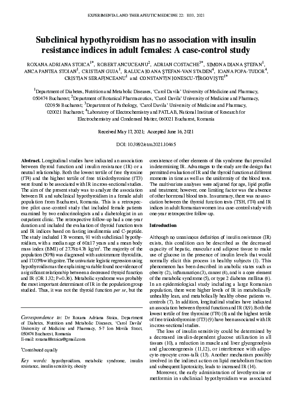 (PDF) Subclinical hypothyroidism has no association with insulin ...