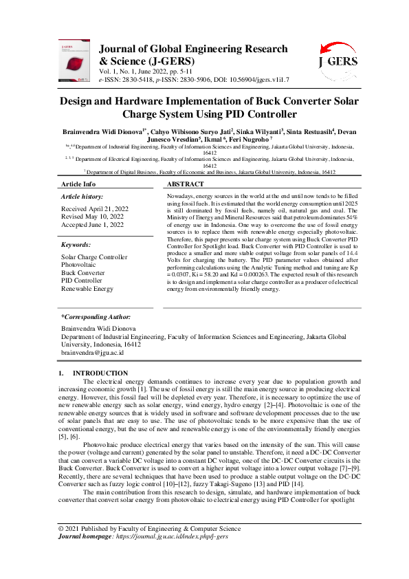 (PDF) Design and Hardware Implementation of Buck Converter Solar Charge System Using PID Controller