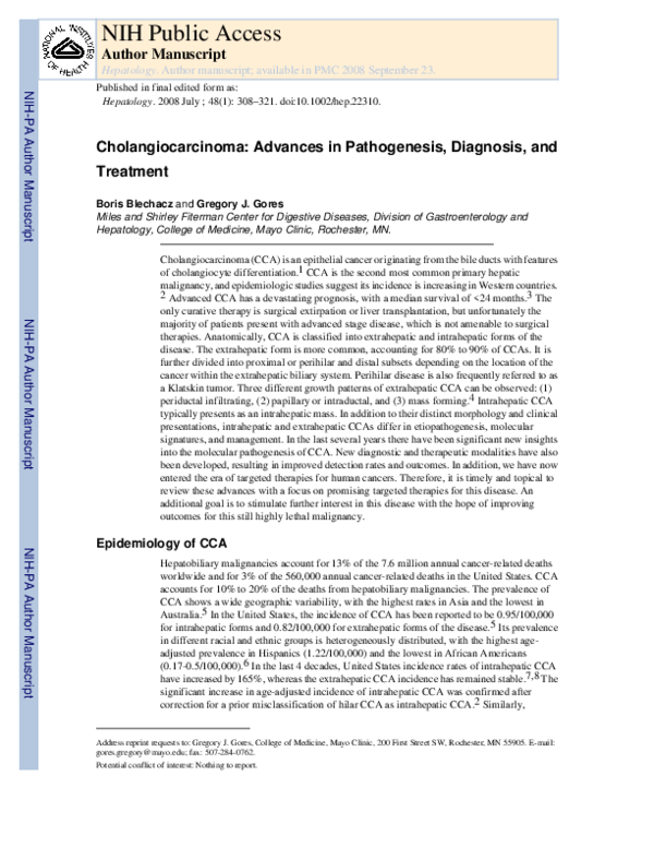 (PDF) Cholangiocarcinoma: Advances in pathogenesis, diagnosis, and treatment