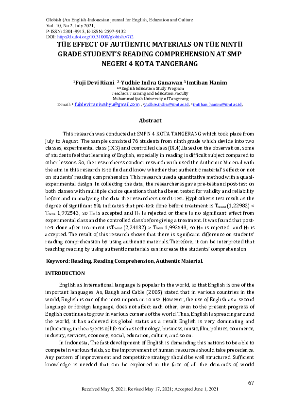 (PDF) The Effect of Authentic Materials on the Ninth Grade Student’s ...