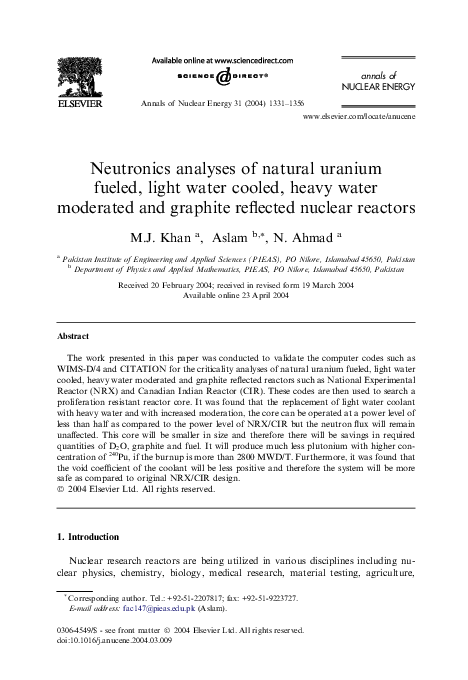 (PDF) Neutronics analyses of natural uranium fueled, light water cooled ...