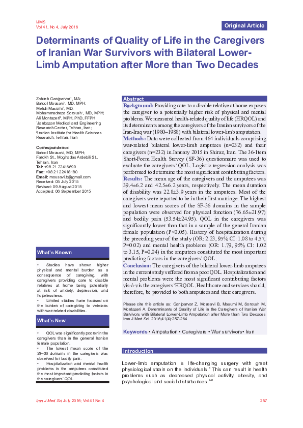 (PDF) Determinants of Quality of Life in the Caregivers of Iranian War ...