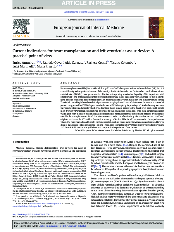 (PDF) Current indications for heart transplantation and left ventricular assist device: A ...