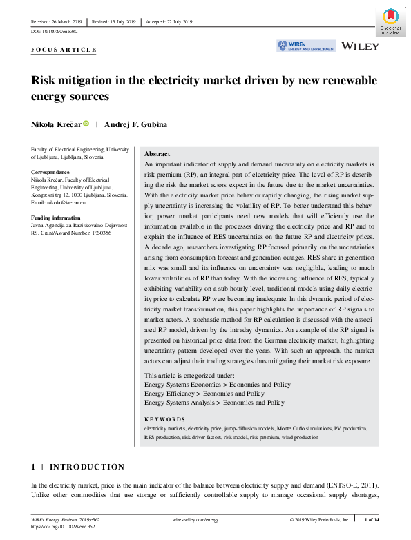 (PDF) Risk mitigation in the electricity market driven by new renewable ...