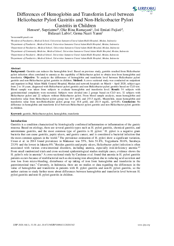 (PDF) Differences of Hemoglobin and Transferrin Level between Helicobacter Pylori Gastritis and ...