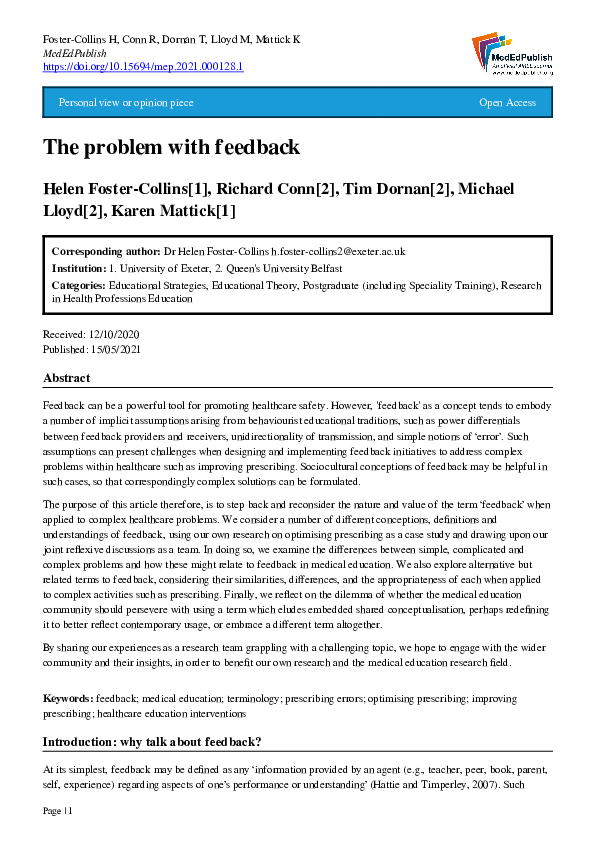 (PDF) The problem with feedback | Karen Mattick - Academia.edu
