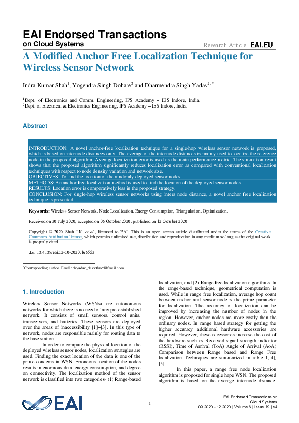 Pdf A Modified Anchor Free Localization Technique For Wireless Sensor Network