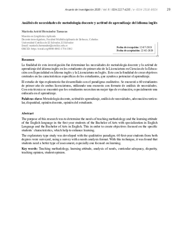 (PDF) Análisis de necesidades de metodología docente y actitud de aprendizaje del idioma inglés