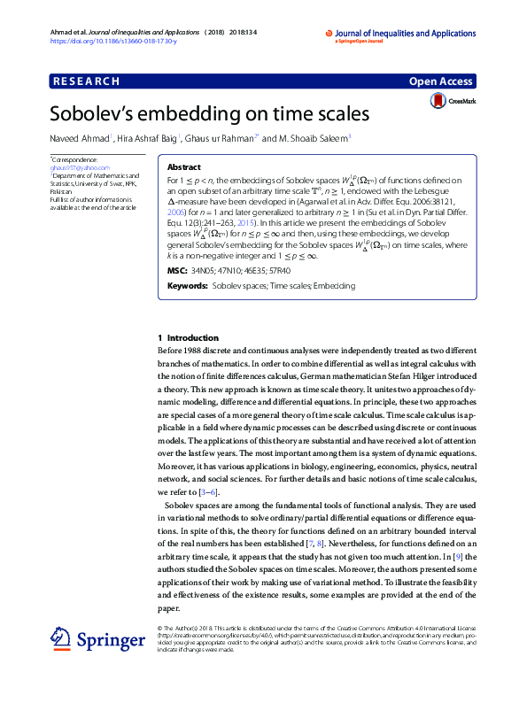 (PDF) Sobolev's embedding on time scales | Ashraf baig - Academia.edu