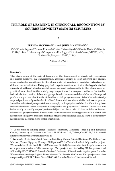 (PDF) The Role of Learning in Chuck Call Recognition by Squirrel Monkeys (Saimiri Sciureus)
