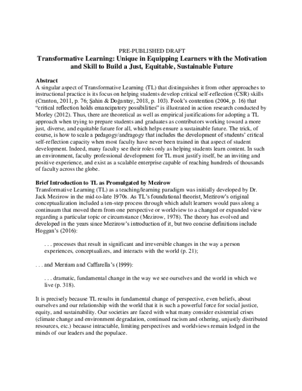 (PDF) Transformative Learning: Unique in Equipping Learners with the ...