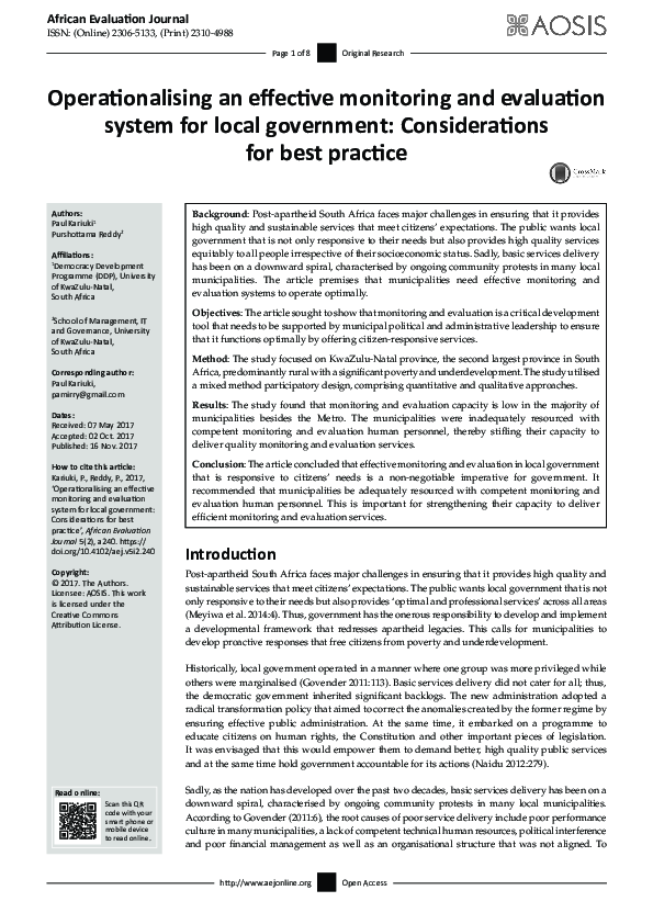 (PDF) Operationalising an effective monitoring and evaluation system for local government ...