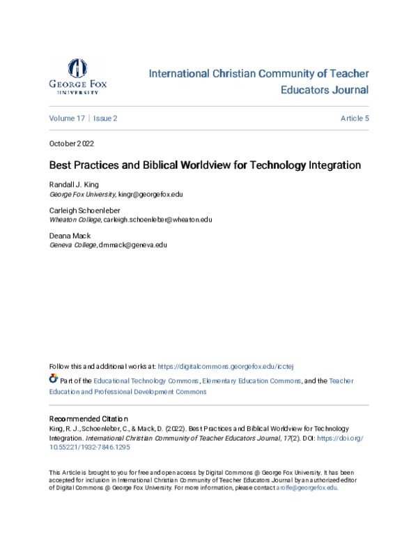 (PDF) Best Practices and Biblical Worldview for Technology Integration