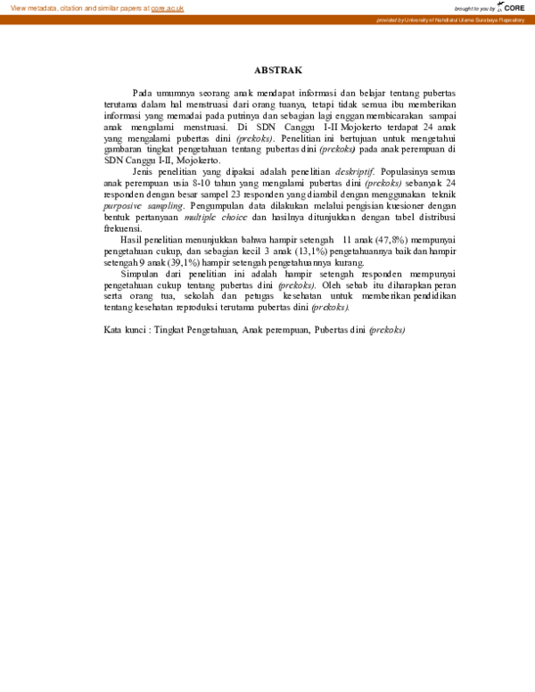 (PDF) Gambaran Tingkat Pengetahuan Tentang Pubertas Dini (Prekoks) Pada ...