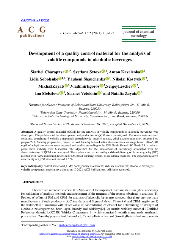 (PDF) Development of a quality control material for the analysis of volatile compounds in ...
