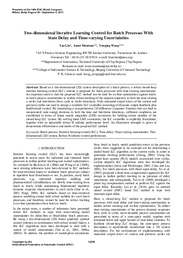 Pdf Two Dimensional Iterative Learning Control For Batch Processes With State Delay And Time