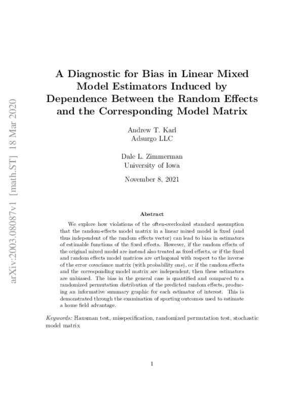 (PDF) A diagnostic for bias in linear mixed model estimators induced by dependence between the ...