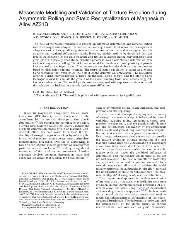 Pdf Mesoscale Modeling And Validation Of Texture Evolution During Asymmetric Rolling And