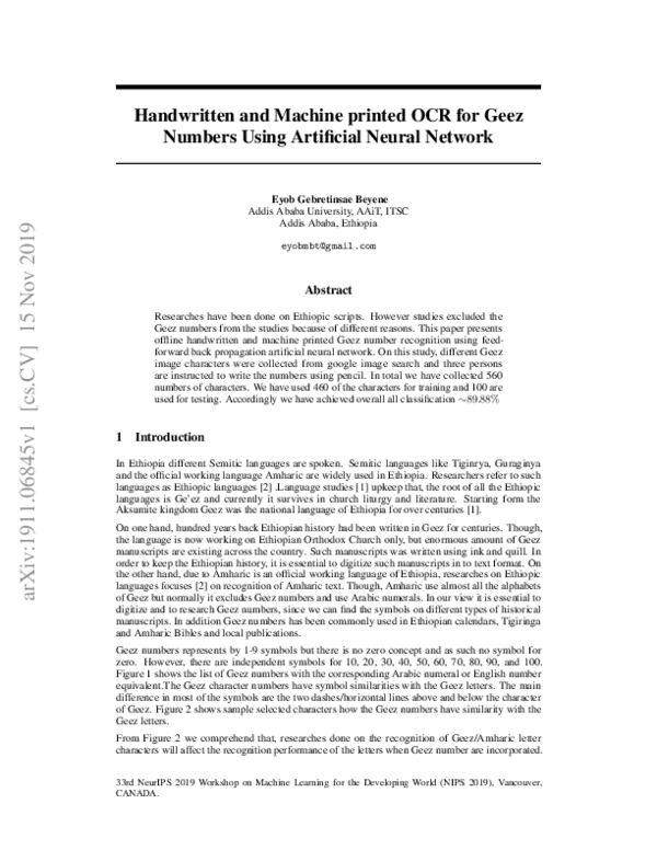 (PDF) Handwritten and Machine printed OCR for Geez Numbers Using Artificial Neural Network