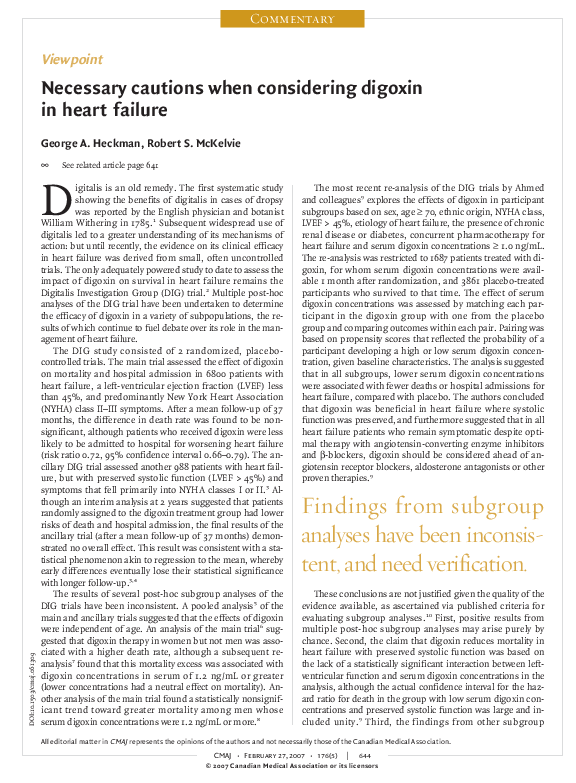 (PDF) Necessary cautions when considering digoxin in heart failure