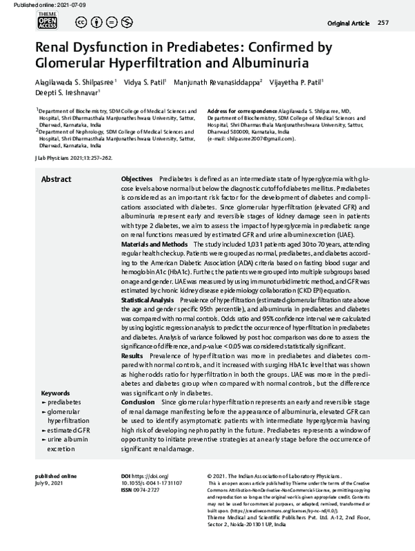 (PDF) Renal Dysfunction in Prediabetes: Confirmed by Glomerular ...