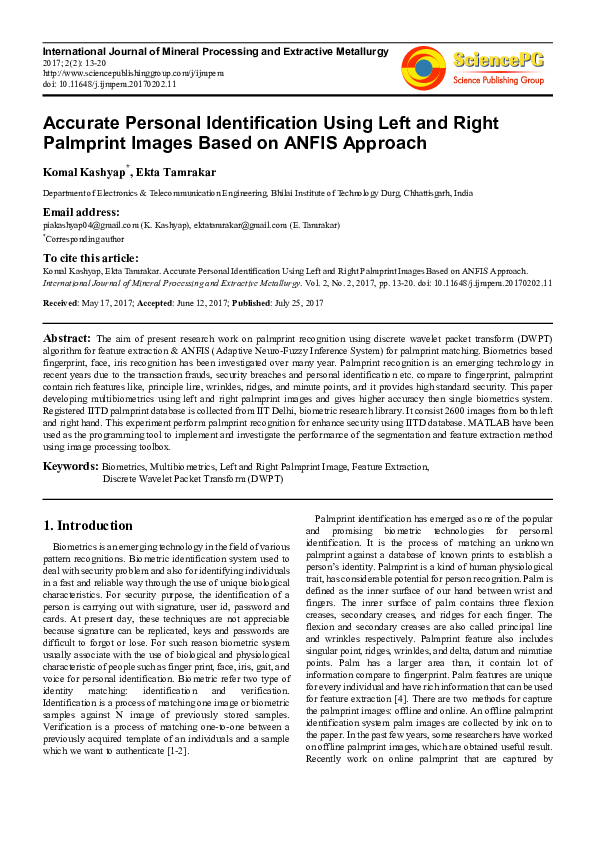 Pdf Accurate Personal Identification Using Left And Right Palmprint Images Based On Anfis Approach