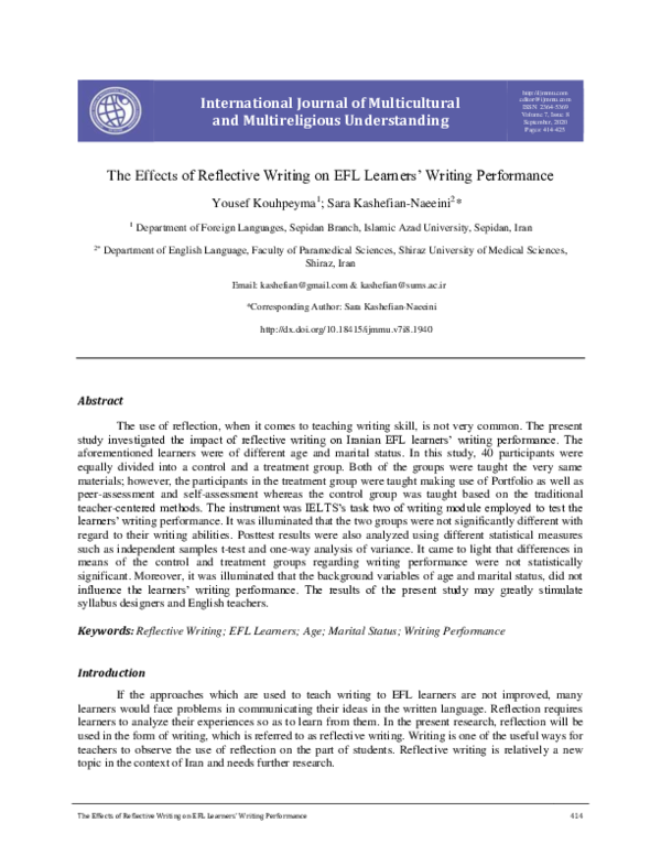 (PDF) The Effects of Reflective Writing on EFL Learners’ Writing ...