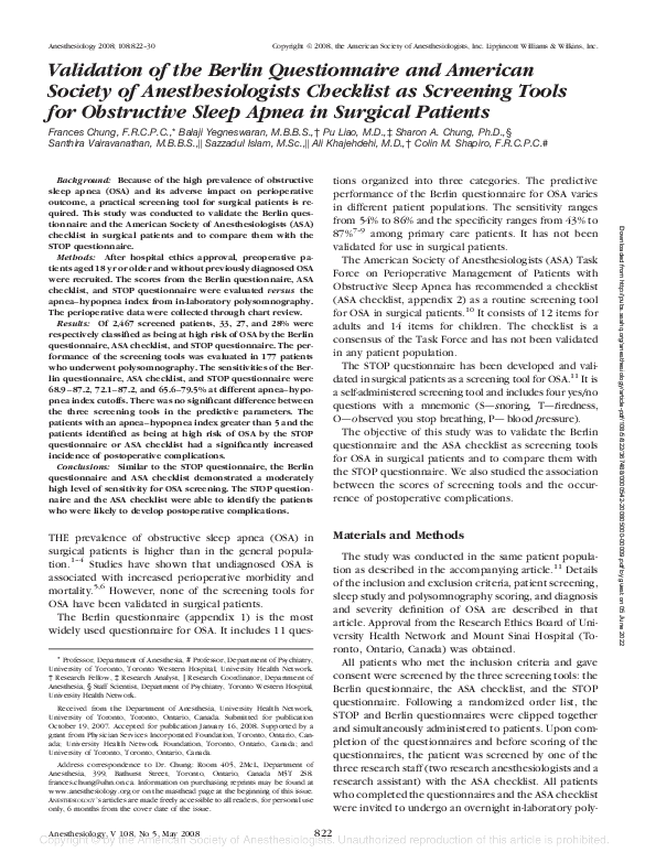 (PDF) Validation of the Berlin Questionnaire and American Society of ...