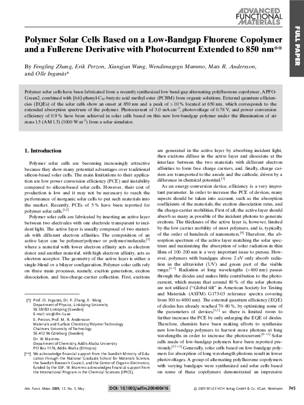 (PDF) Polymer Solar Cells Based on a Low-Bandgap Fluorene Copolymer and a Fullerene Derivative ...
