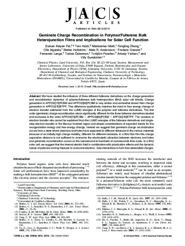 (PDF) Geminate Charge Recombination in Polymer/Fullerene Bulk ...