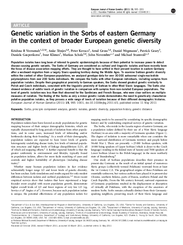 (PDF) Genetic variation in the Sorbs of eastern Germany in the context of broader European ...