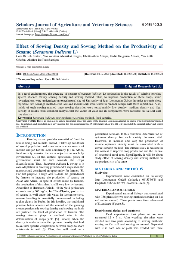 Pdf Effect Of Sowing Density And Sowing Method On The Productivity Of