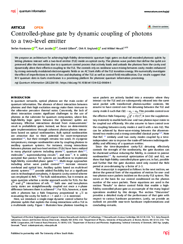 (PDF) Controlled-phase gate by dynamic coupling of photons to a two-level emitter