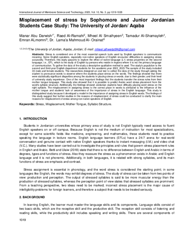 (PDF) Misplacement of stress by Sophomore and Junior Jordanian Students ...