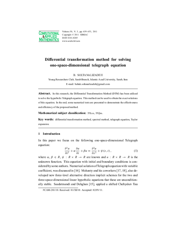 (PDF) Differential transformation method for solving one-space-dimensional telegraph equation ...