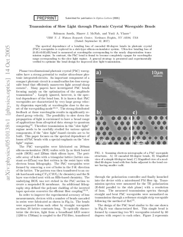 (PDF) Transmission of slow light through photonic crystal waveguide bends