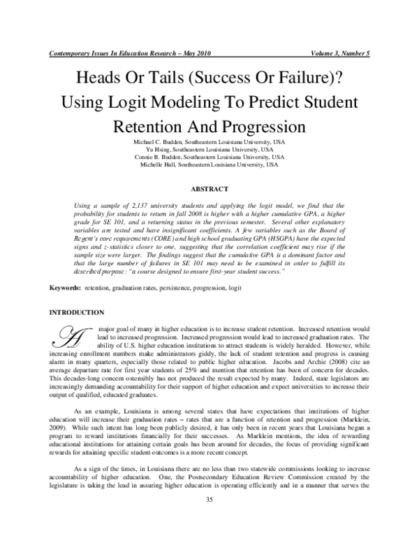 (PDF) Heads Or Tails (Success Or Failure)? Using Logit Modeling To Predict Student Retention And ...
