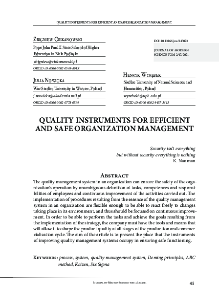 (PDF) Quality instruments for efficient and safe organization management