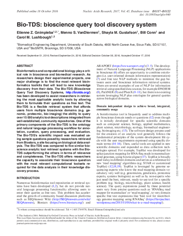 (PDF) Bio-TDS: bioscience query tool discovery system