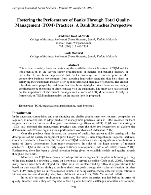 (PDF) Fostering the Performance of Banks Through Total Quality ...
