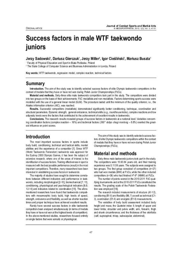 (PDF) Success factors in male WTF taekwondo juniors