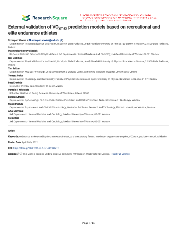 (PDF) External validation of VO2max prediction models based on recreational and elite endurance ...